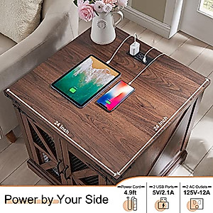 JXQTLINGMU Farmhouse End Table, 24" Large Sofa Side Table with Charging Station, Mesh Barn Door, and Adjustable Storage Shelf, Rustic Wood Square Nightstand for Living Room, Bedroom, Office, Brown