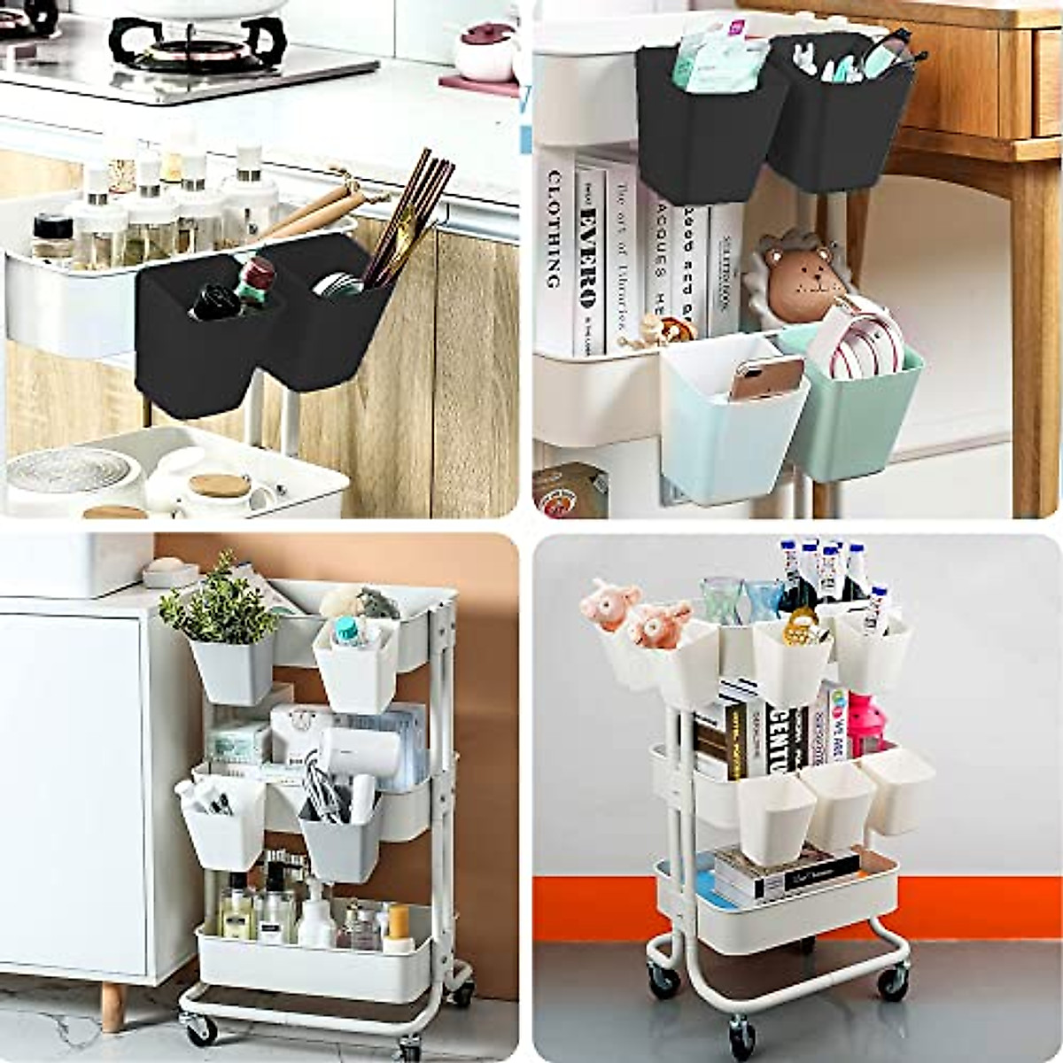 SMGSP 5 Pack Cart Hanging Cup Holder, Rolling Cart Accessories Utility cart Accessories Hanging Bins, Pencil Holder Hanging Trolley Basket, Planter Hanging Buckets for Home Kitchen (Black)