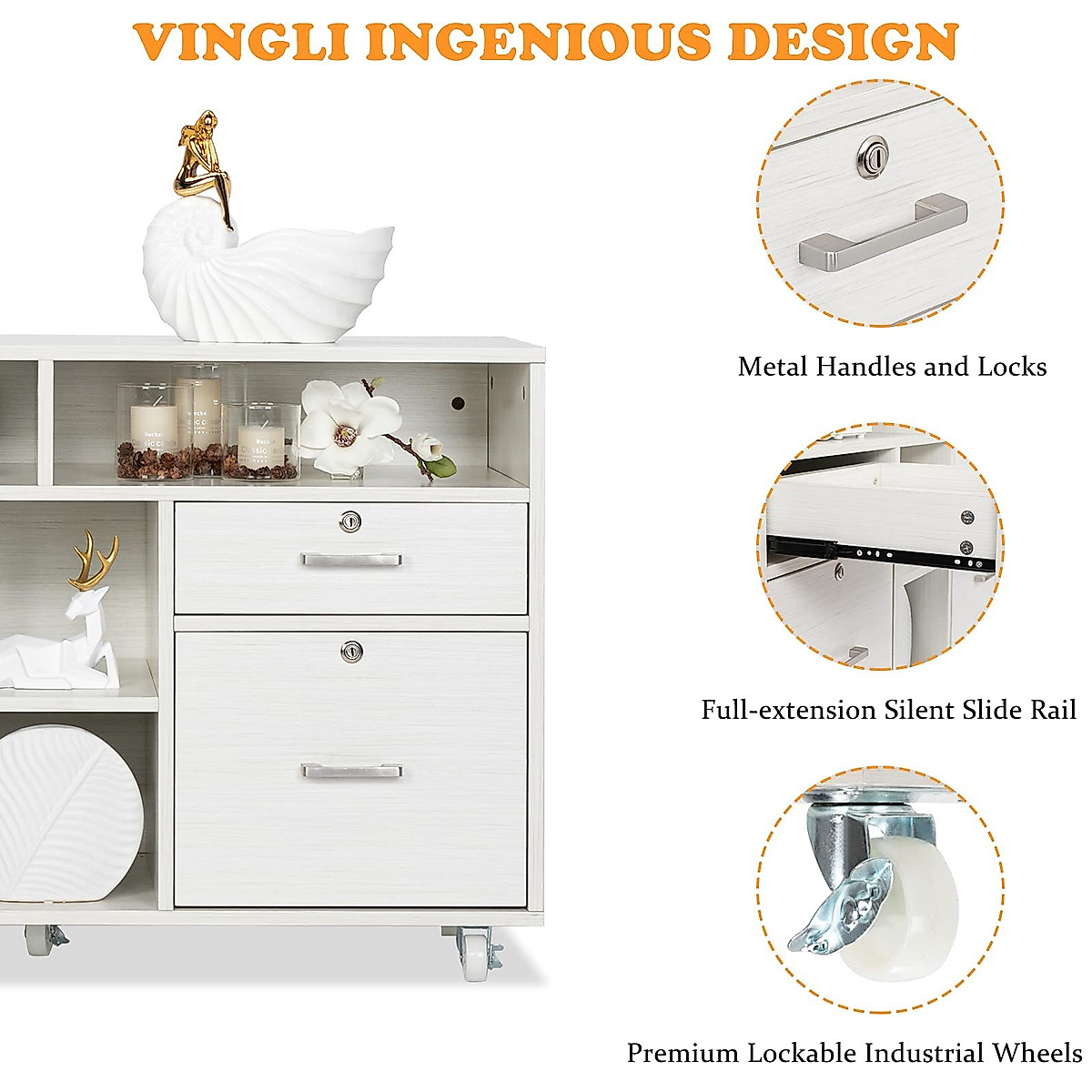 VINGLI Wood Mobile File Cabinet with 4 Drawers and Shelves, Printer Stand with Open Storage, Lockable Lateral Filing Cabinet for Home Office, Assembly Required, Light Beige Close to White