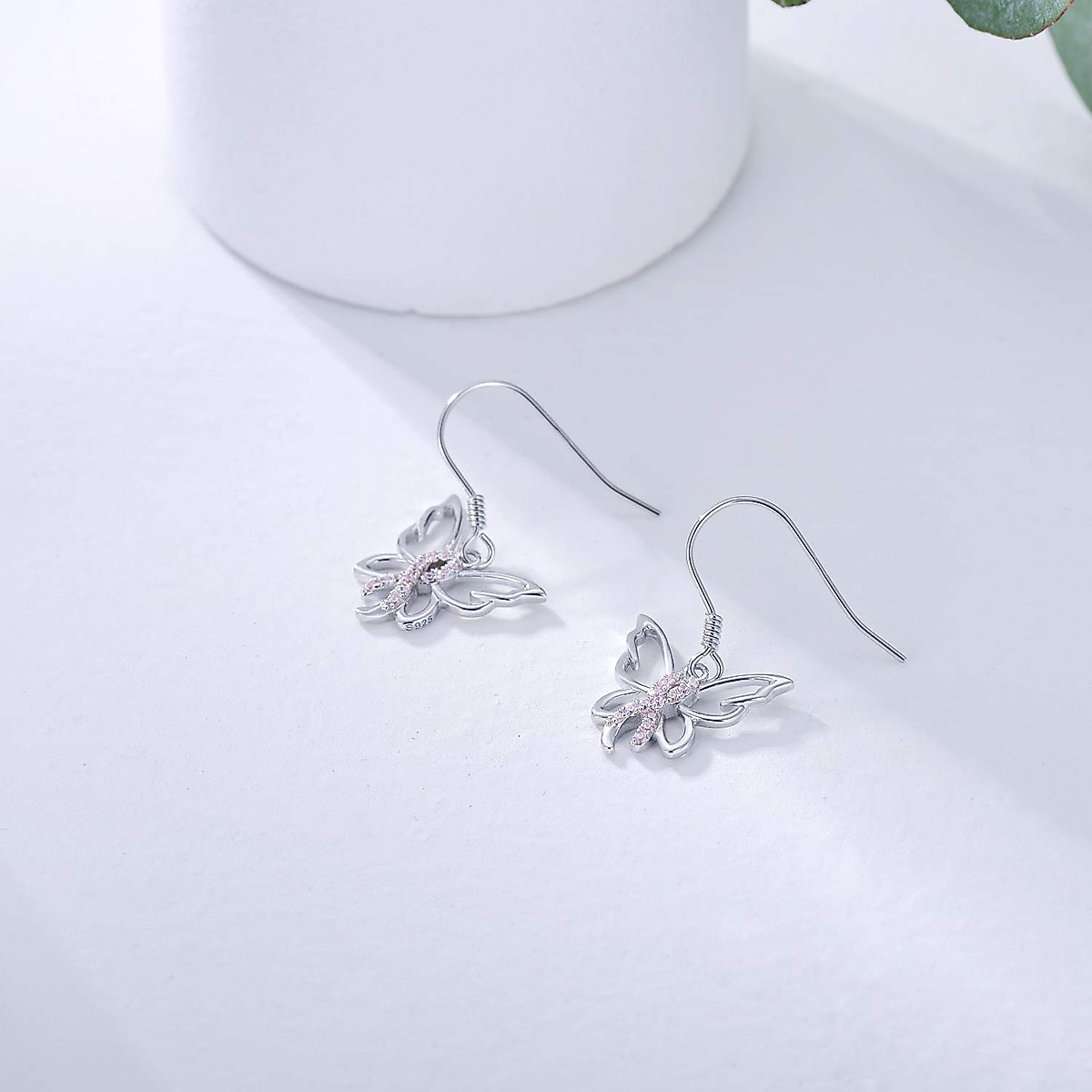 Butterfly Dangle Earrings Sterling Silver Breast Cancer Awareness Earrings Pink Ribbon Earrings Breast Cancer Survivor Gifts for Women