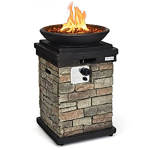Tangkula Patio Propane Fire Bowl, Patiojoy 40,000BTU Square Fire Pit with Round Bowl, Lava Rocks & Waterproof Cover, Faux Stone Fire Pit Table for Outside Courtyard, Patio, Porch (Natural Stone)