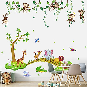decalmile Jungle Animal Wall Stickers Bundle with Safari Monkey Wall Decals Kids Bedroom Nursery Classroom Wall Decor