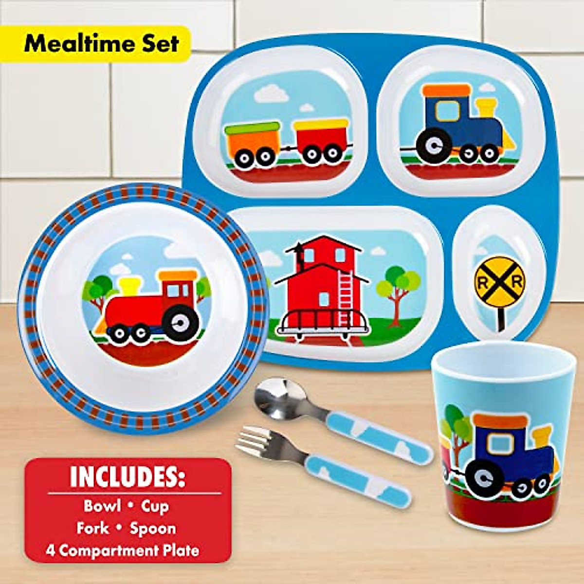 5 Pc Mealtime Set for Kids & Toddlers, Train Theme-Includes Divided Plate, Bowl, Fork & Spoon - Dishwasher Safe, Durable, BPA Free-Cute Compartment Dish to Put Food in 4 Sections for Easy Self-Feeding