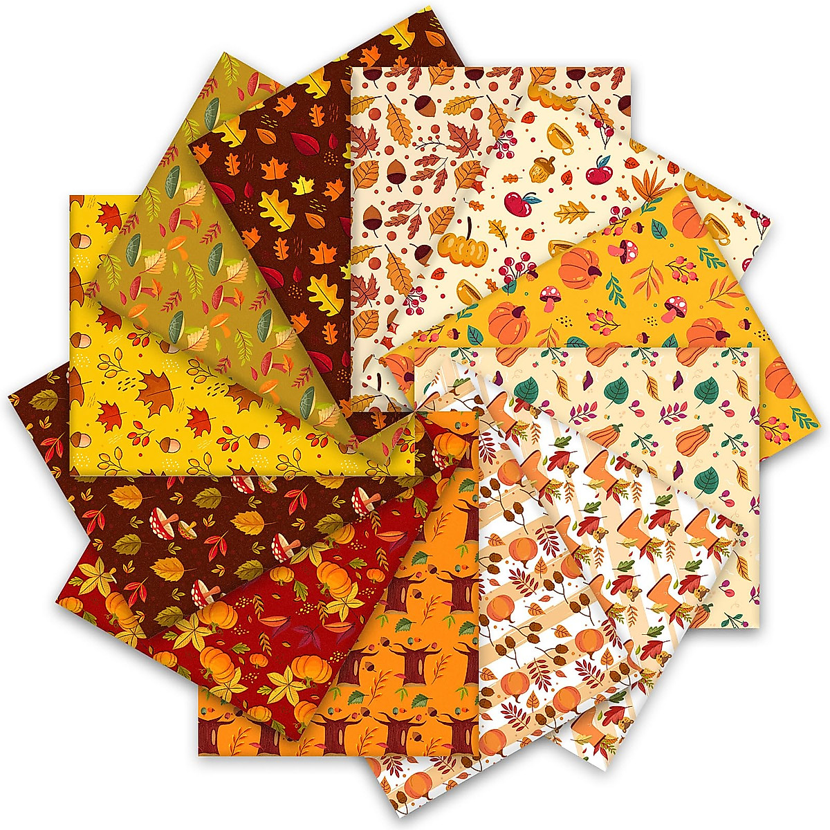 JarThenaAMCS 12Pcs Fall Cotton Fabric Bundles Pumpkin Maple Leaf Mushroom Acorn Fat Quarters Autumn Thanksgiving Quilting Patchwork for DIY Craft Home Party Decor, 18 x 22 Inch