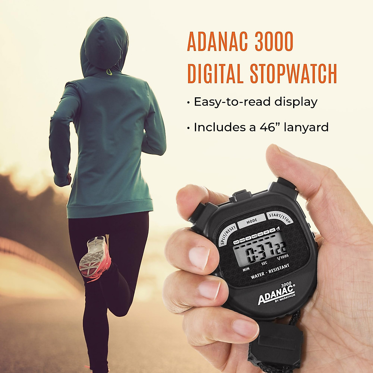 Marathon Adanac 3000 Digital Stopwatch Timer, Black - High Precision Accuracy to 1/100th Seconds - Water, Dust & Shock Resistant - 46” Lanyard Included