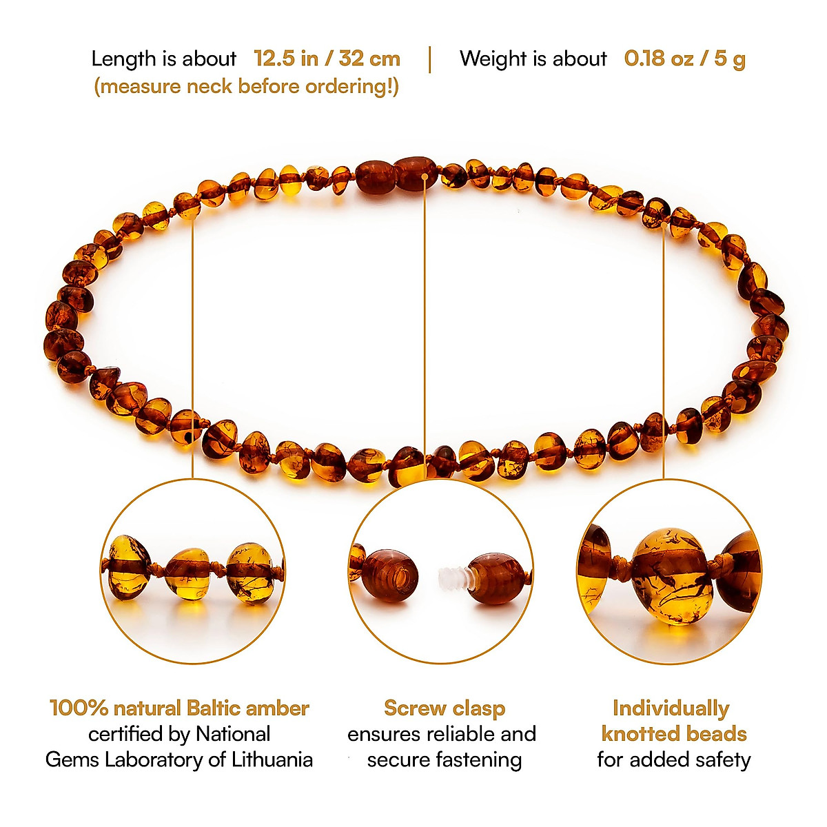 Baltic Amber Necklace (Authentic, Certified) - 12.5 inches - Unisex Jewelry - Cognac (Polished) - Real Amber Beads - Proud to Deliver Genuine Baltic Sea Wonder Handcrafted by Amber Guru
