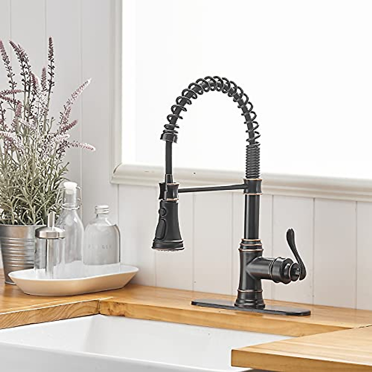 BWE Oil Rubbed Bronze Deck Mount Kitchen Faucet with Spray, Sweep, and Stream Modes