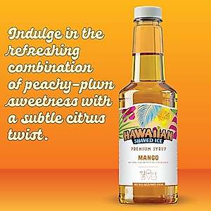Hawaiian Shaved Ice Mango Syrup - Nut Soy Dairy Free - Flavor Fluffy & Crunchy Snow Cones - Shelf Stable - Makes 8 Servings - 16 ounces
