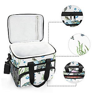 ALAZA Watercolor Sea Turtles and Seaweed Bubbles Large Capacity Cooler Tote Insulated Lunch Bag Lunch Cooler Bag