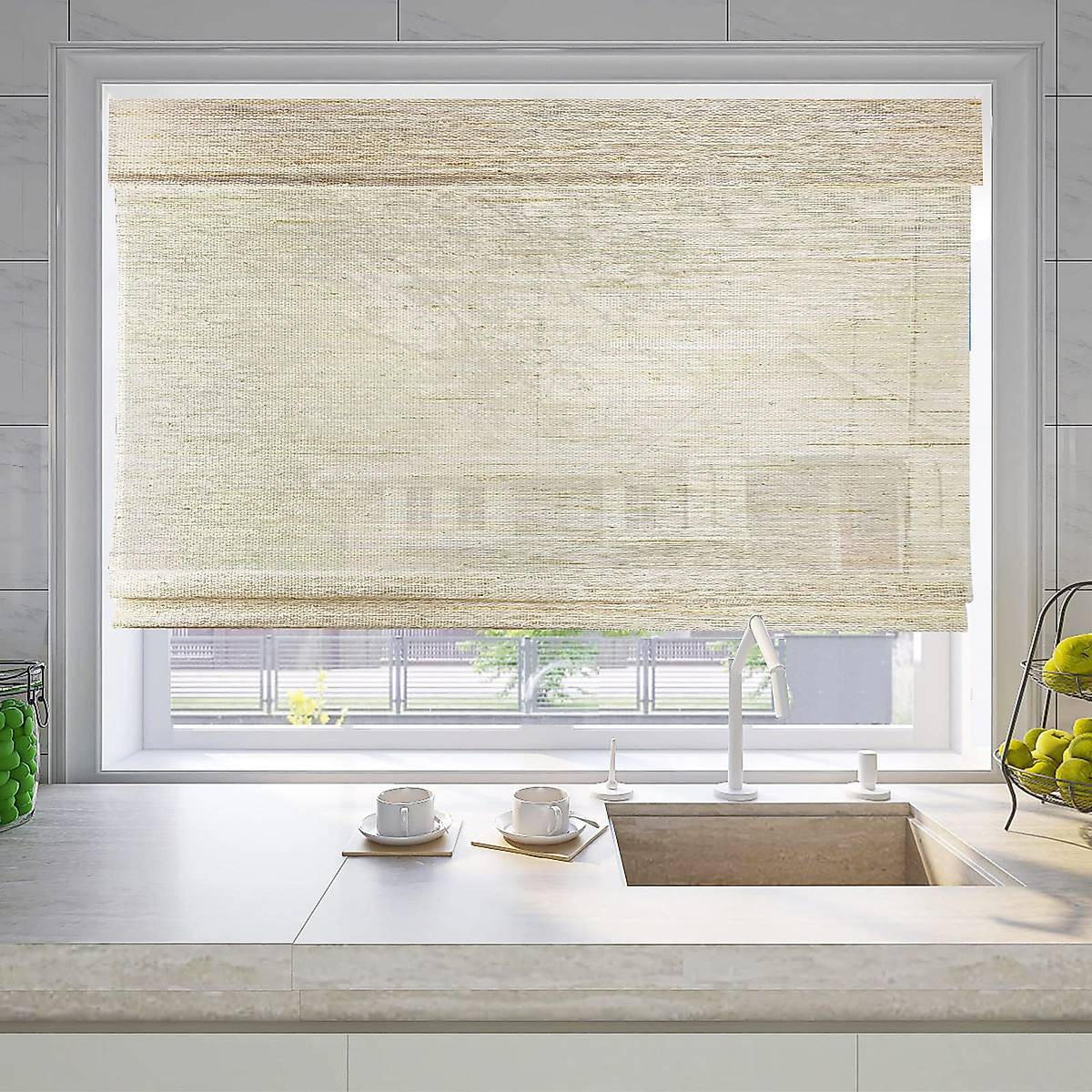 Cordless Nature Window Shades Blinds, 100% Linen Roman Shades, Pattern 10