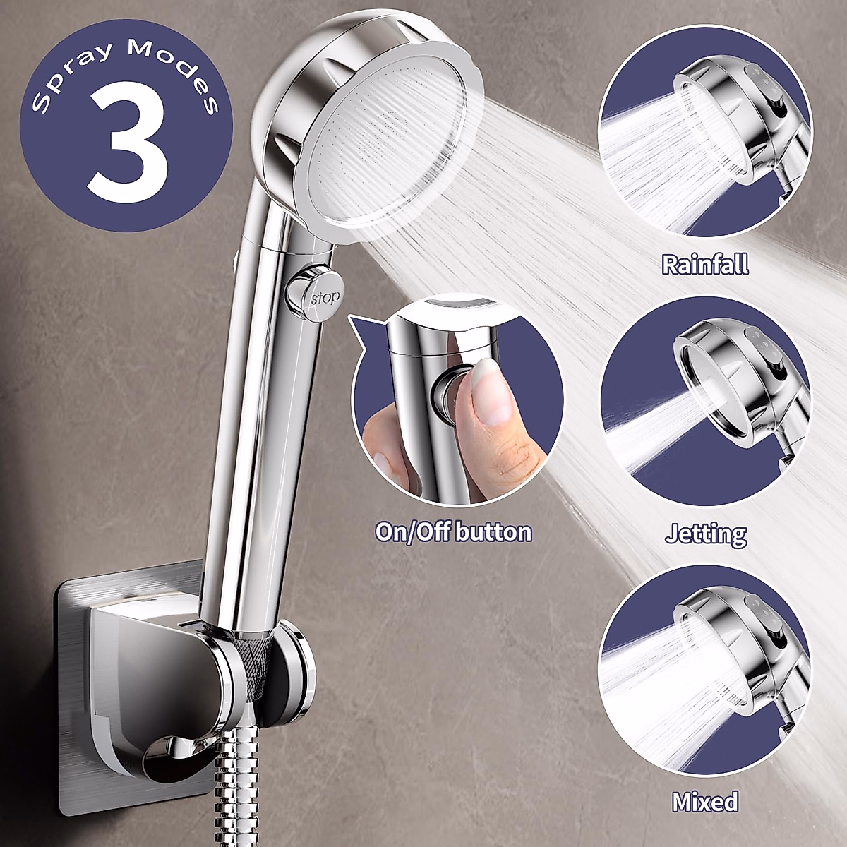HOWUWEY Sink Hose Attachment for Faucet with 5 Adapters, Tub Faucet Sprayer Attachment, 3 Spray Modes Shower Head with ON/OFF Button, Filtered Shower Sprayer Attachment for Tub Faucet (Chrome)