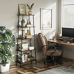 MXARLTR Ladder Bookshelf Tiered Bookcase, Ladder Shelf Wood and Metal Floor Standing Storage Display Narrow Ladder Shelf Bookcase Flower Plant Rack for Living Room Kitchen Bathroom Office, Walnut