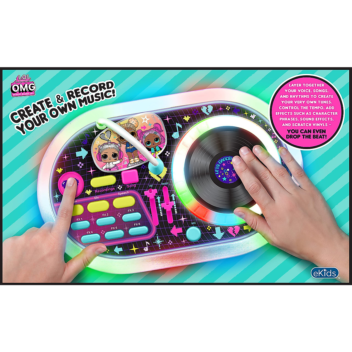 eKids LOL Surprise DJ Party Mixer Turntable Toy with Built in Microphone for Kids, Record and Mix Your Favorite Songs, for Fans of LOL Toys for Girls