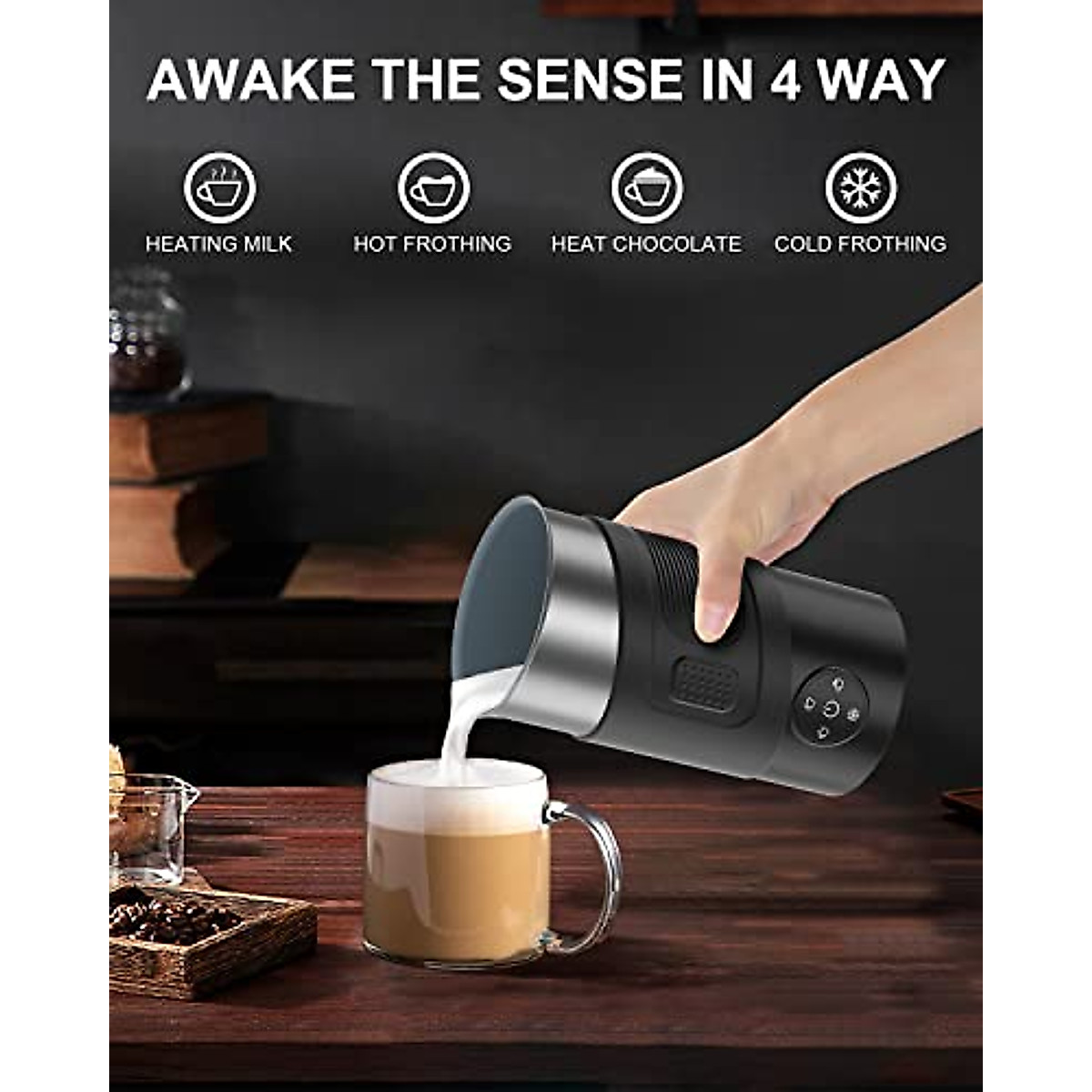 Rocyis 4 in 1 Milk Frother and Steamer-Electric Milk Warm Frother, 12oz/350ml Hot Cold Foamer-Coffee Steamer for Latte,Cappuccino,Hot Chocolate, Black