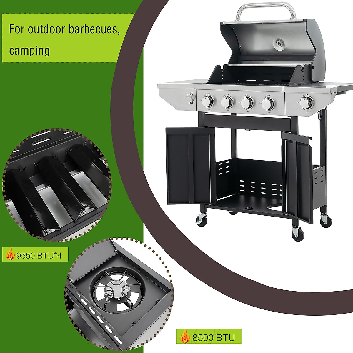 4-Burners Propane Gas BBQ Grill with Side Burner and Thermometer, Cart Style Outdoor Stainless Steel Cooking Barbecue Propane Grill for Backyard Barbecue Camping