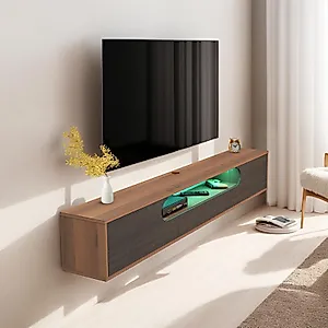 Pmnianhua Floating TV Stand with LED Lights,70'' Wall Mounted TV Cabinet Floating Under TV Shelf Media Console Entertainment Center with Storage Living Room Playroom Bedroom(Walnut)
