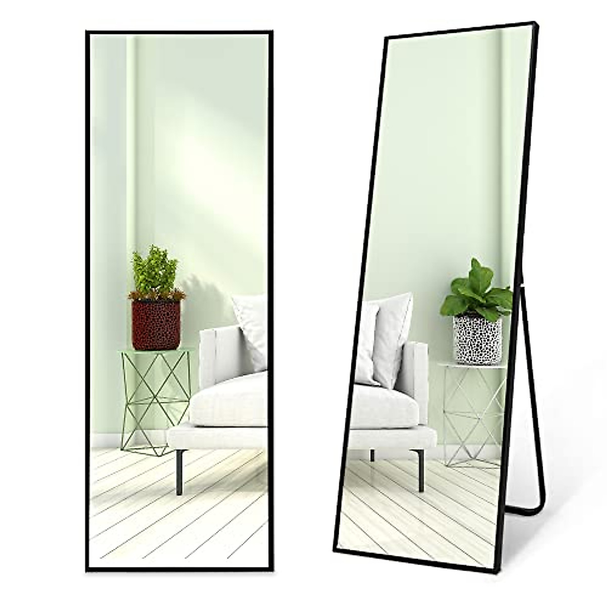 FLYMUHJIA Wall Mirror Full Length Full Body Mirror Floor Mirror Standing Mirror with Aluminum Alloy Thin Frame for Bedroom Living Room, 63” X20” Black