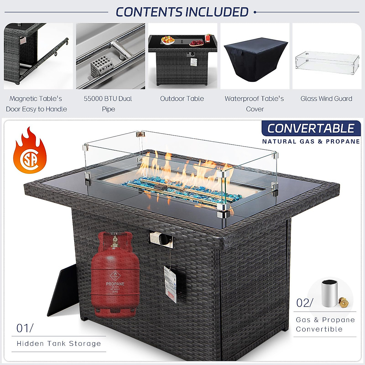 BULEXYARD Large High Back Grey Rattan Patio Furniture Set with Propane/Gas Fire Pit Table, Luxury Deep Wide Seat Outdoor Sectional Sofa, Modern Wicker Modular Conversation Couch (7Pcs, Black)