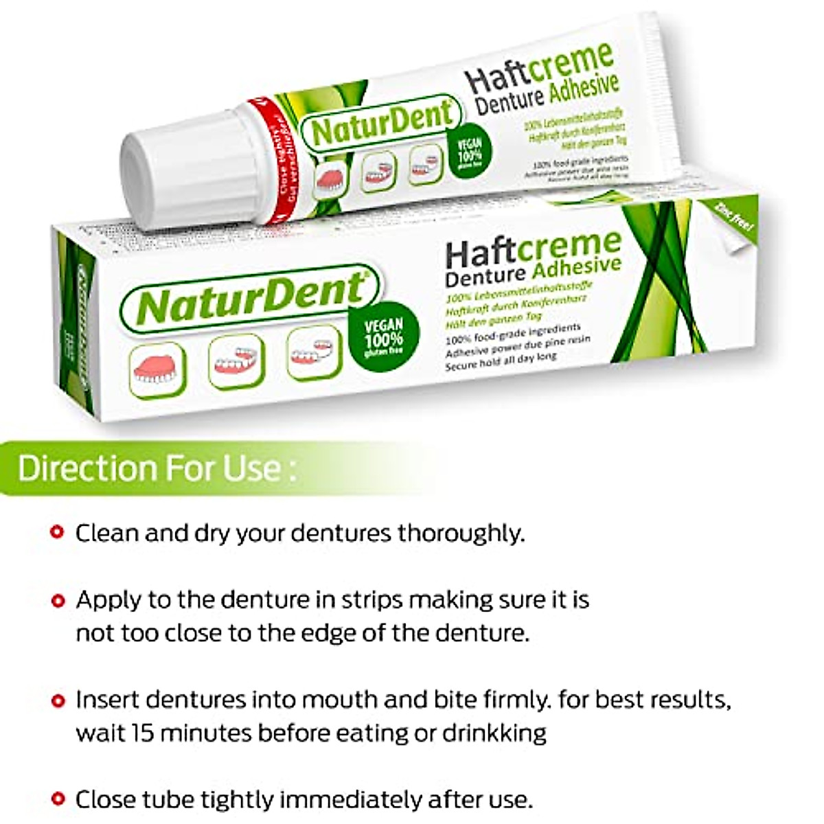 Natural Strong Denture Adhesive NaturDent | Holds Dentures Longer and Stronger | NO Zinc NO Paraben No Yucky Taste | Bundle with Dentu-Care Denture Storage Box Case