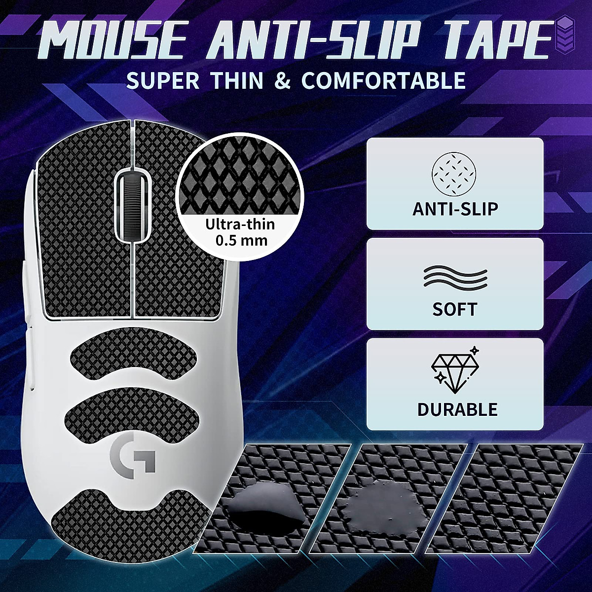 TALONGAMES Mouse Anti Slip Grip Tape Compatible with Logitech G PRO X Superlight, Superlight 2 Wireless Gaming Mouse, Palm Sweat Absorption, Thin 0.5mm, Cut to Fit, Easy to Apply, Mouse Skin (Black)