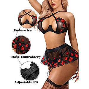 Avidlove Women's Lingerie Set with Garter Mesh Underwire Lingerie Set 3 Piece Lingerie Set Babydoll Lingerie(Red,Large)