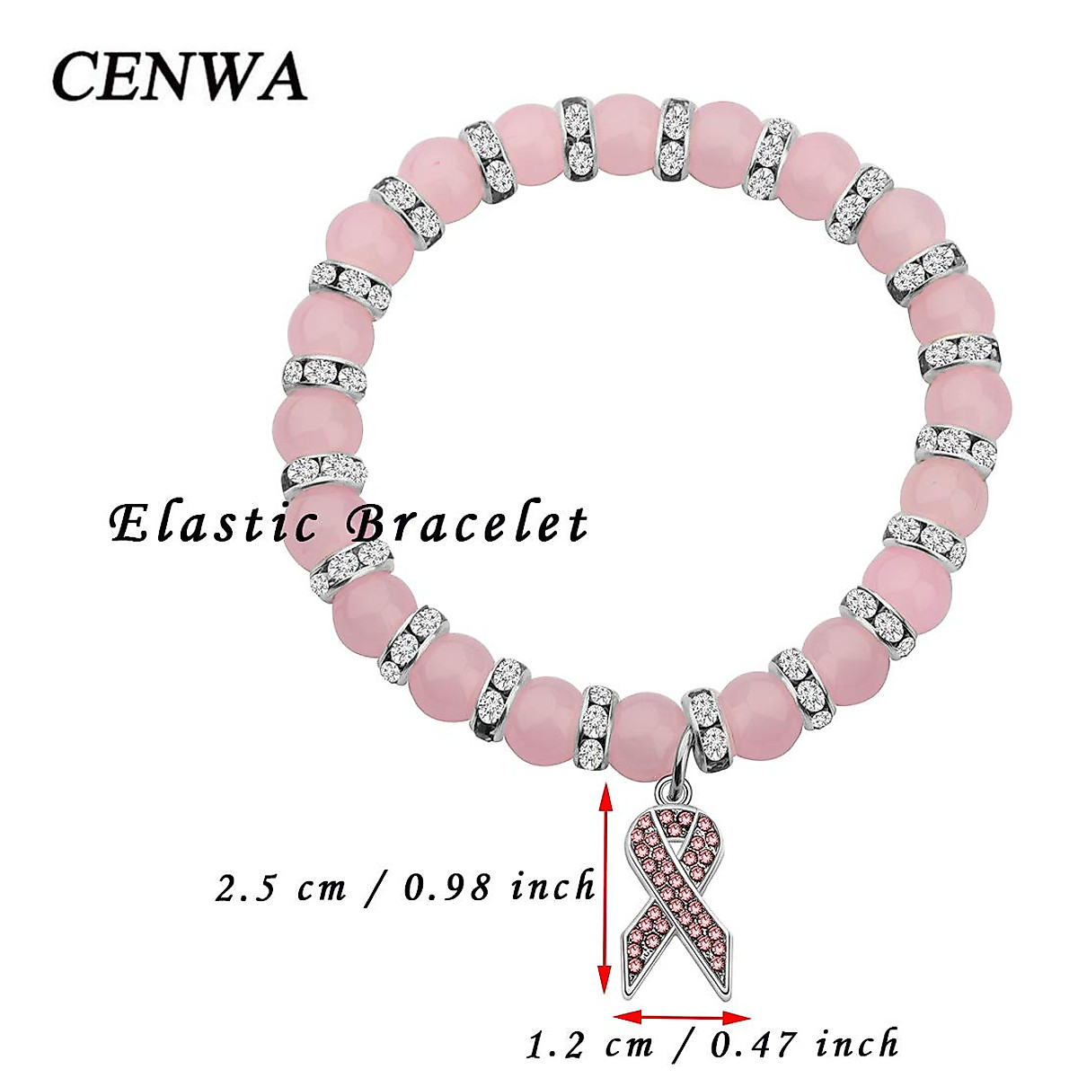 CENWA Breast Cancer Awareness Bracelet Pink Rhinestone Ribbon Charm Beads Bracelet Breast Cancer Support Gift (Breast Cancer Awareness Br)