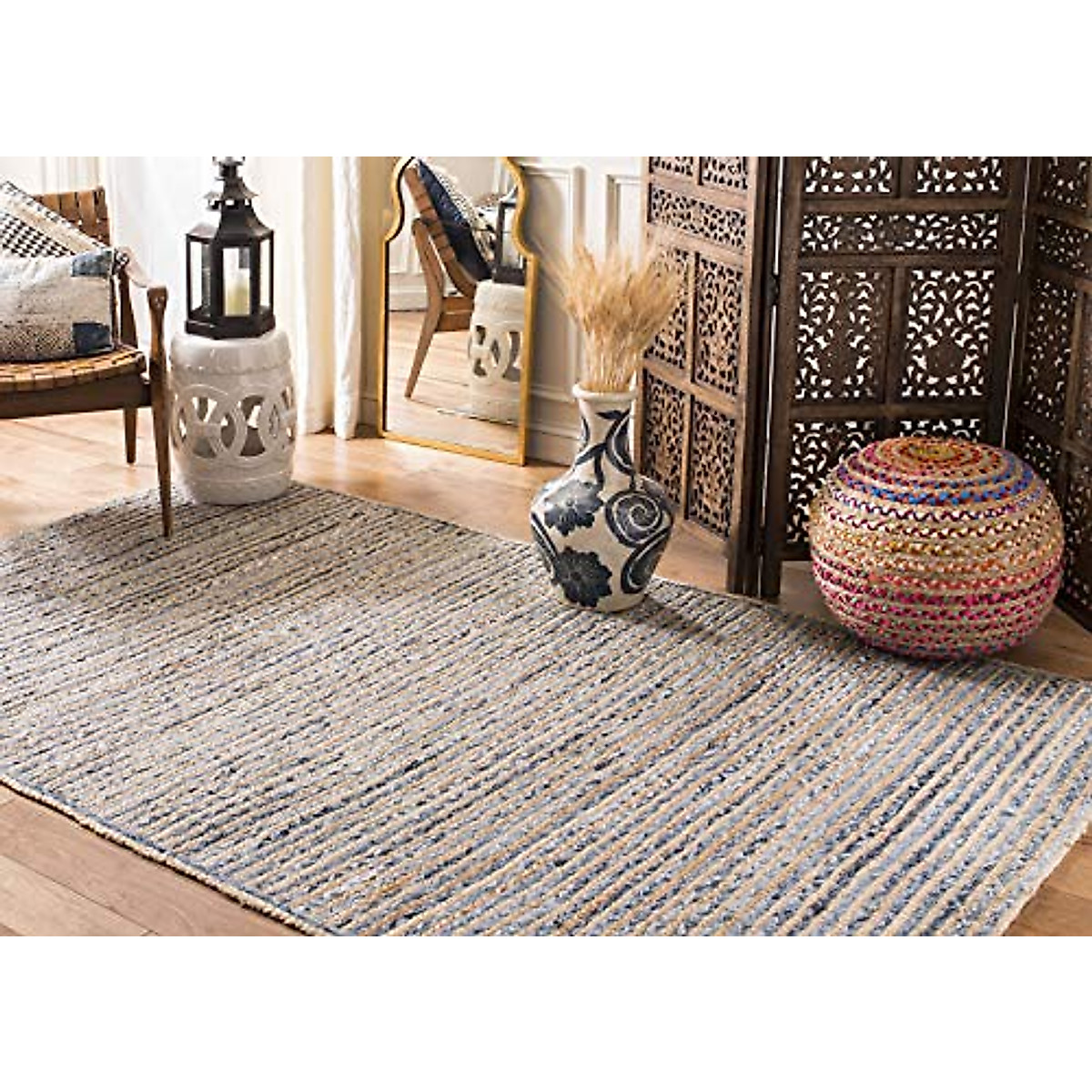 SAFAVIEH Cape Cod Collection 3' x 5' Natural / Blue CAP250A Handmade Flatweave Jute Area Rug