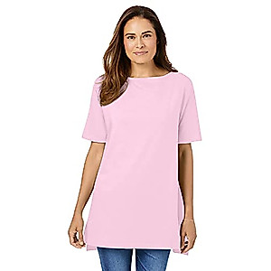 Woman Within Women's Plus Size Perfect Short-Sleeve Boatneck Tunic - 2X, Pink