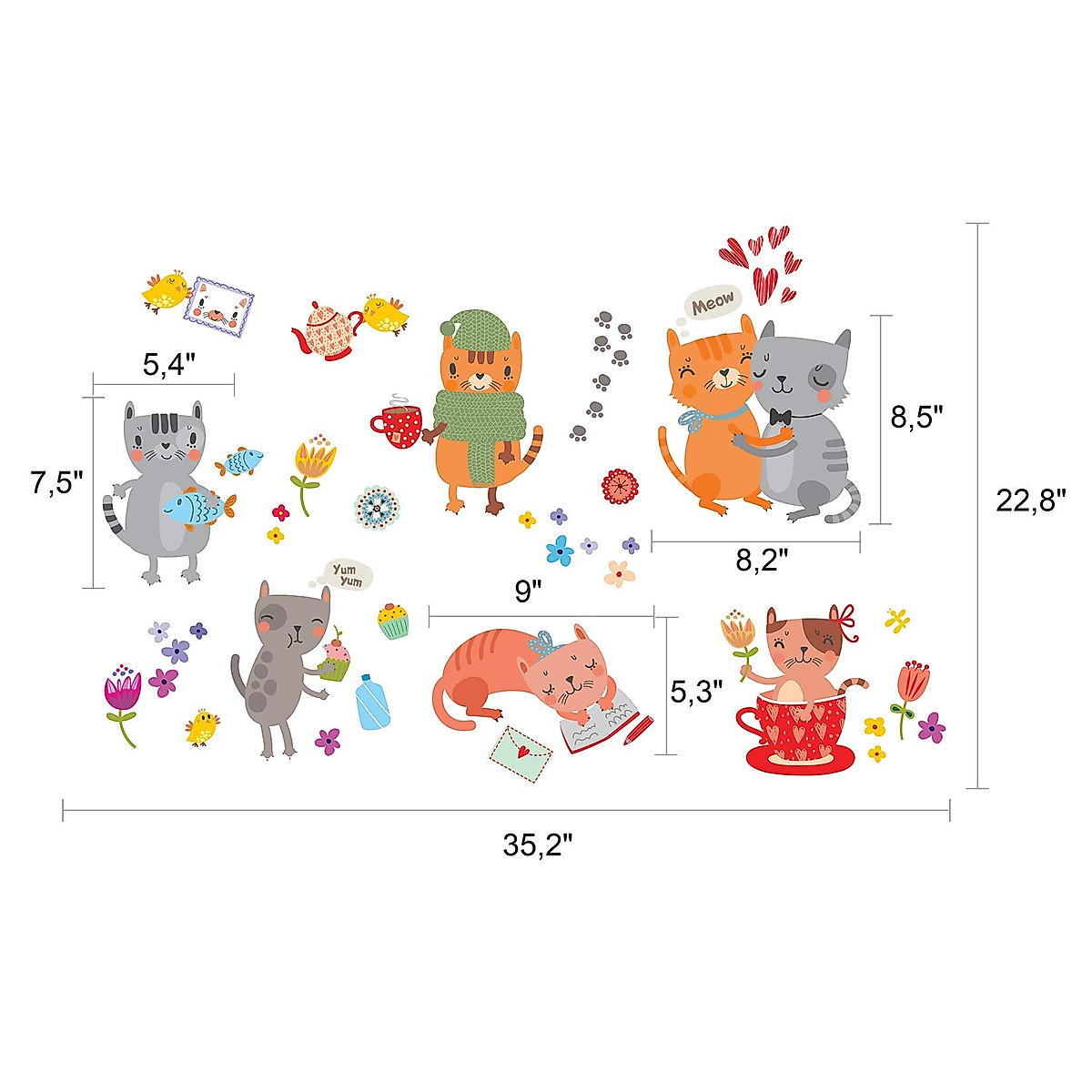 Cat Wall Stickers for Kids - Baby Vinyl Home Décor - Cute Animal Decals for Bedroom Playroom