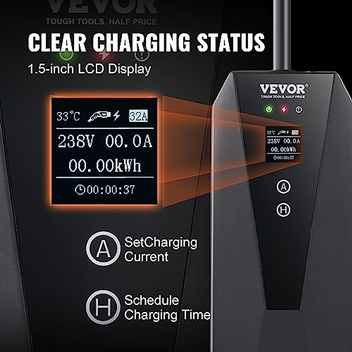 VEVOR Level 2 Portable EV Charger, 32 Amp 240V, Electric Vehicle Charger with 28 ft Charging Cable NEMA 14-50P Plug, 16/20/24/32A Adjustable Current Plug-in Home EV Charging Station for SAE J1772 EVs