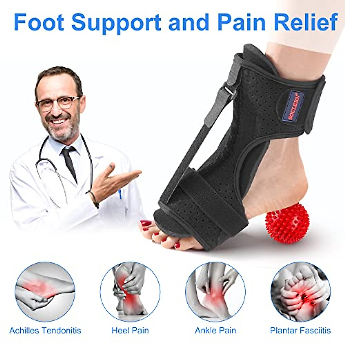 Drop Foot Orthotic Brace,Improved Dorsal Night Splint for Effective Relief from Plantar Fasciitis, Achilles Tendonitis, Heel and Ankle Pain with Hard Spiky Massage Ball (black)
