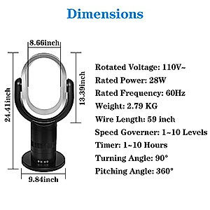 Simple Deluxe Medium size portable bladeless fan, small table fan, 10 speeds settings, 10-hour timing closure bladeless fan, stylish and modern fan, low noise, lightweight,24 inch Black