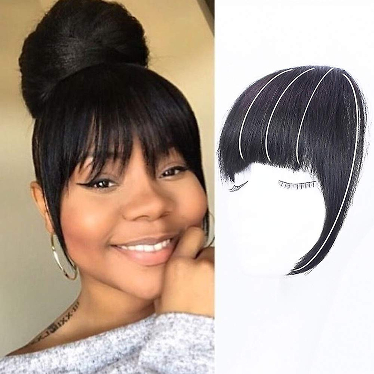 Clip in Bangs Natural Black Bangs Clip in Fringe Hair Extensions Remy Human Hair with Temples Natural Color for Women