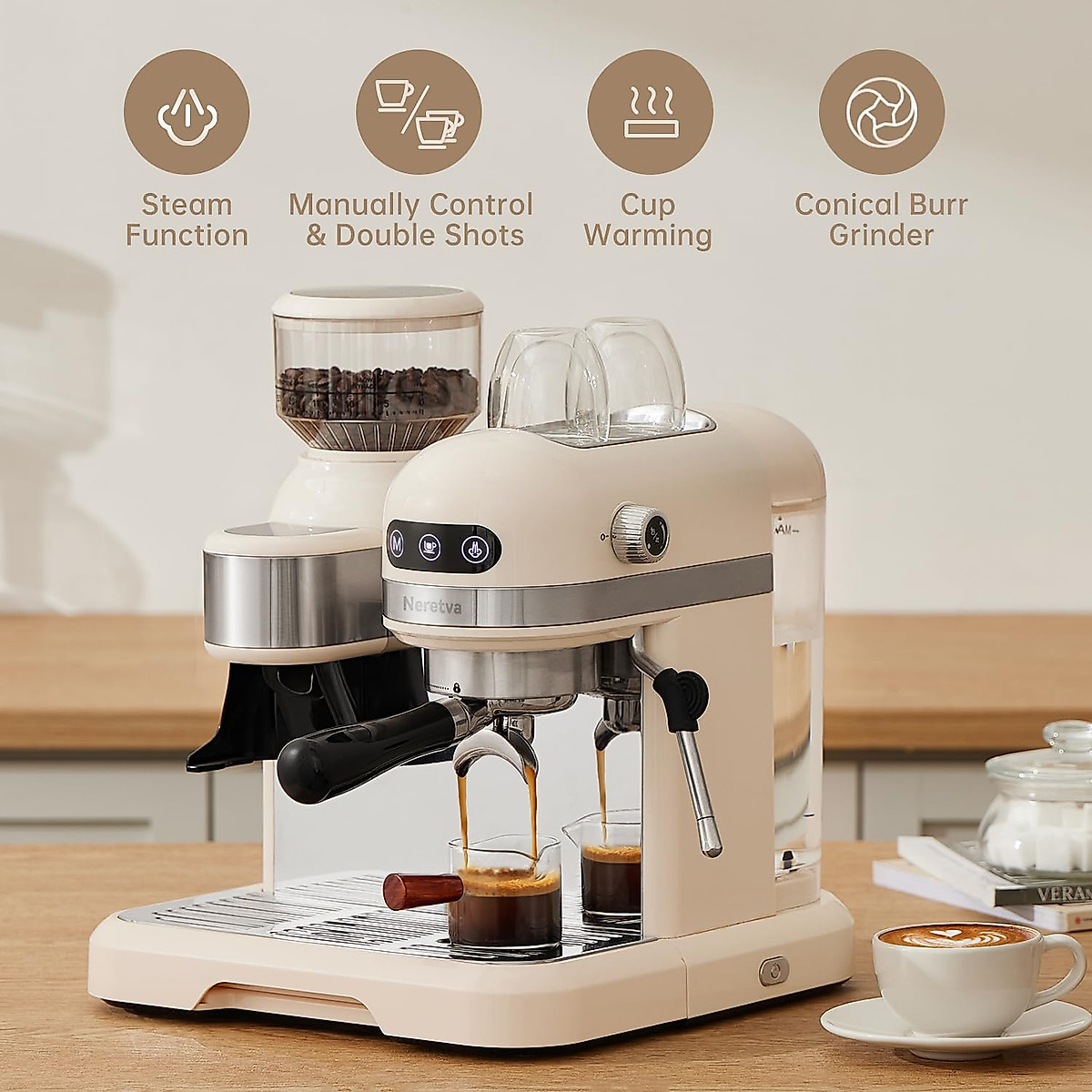 Neretva 20 Bar Espresso Coffee Machine with Grinder Steam Wand for Latte Espresso and Cappuccino, 58MM Portafilter Espresso Maker For Home Barista, 1350W Premium Italian High Pressure (Beige)