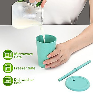 Mfacoy 4 Pack Wheat Straw Cups with Lid and Straws, 10 oz Unbreakable Kids Cups, Reusable Drinking Cups, Small Water Cups, Colourful Tumbler Cups for Kitchen, BPA Free, Dishwasher & Microwave Safe