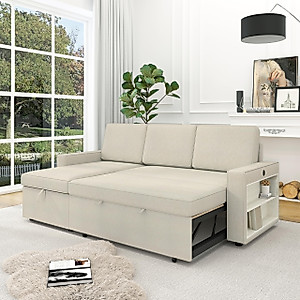 ONEMMLION Convertible Sleeper Sofa Couch with Pullout Bed, 85.8" Reversible Sectional Sofa Bed with Storage Chaise&Storage Racks, 3 Seat L-Shape Pull Out Couch with USB Charge Ports(Beige)