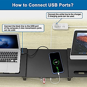 AQQEF Dual Monitor Stand Riser, Adjustable Length and Angle, Computer Monitor Desk Shelf with USB3.0 and Slot for Tablet and Cellphone, Wooden Desktop Oraganizer Stand for 2 Monitors