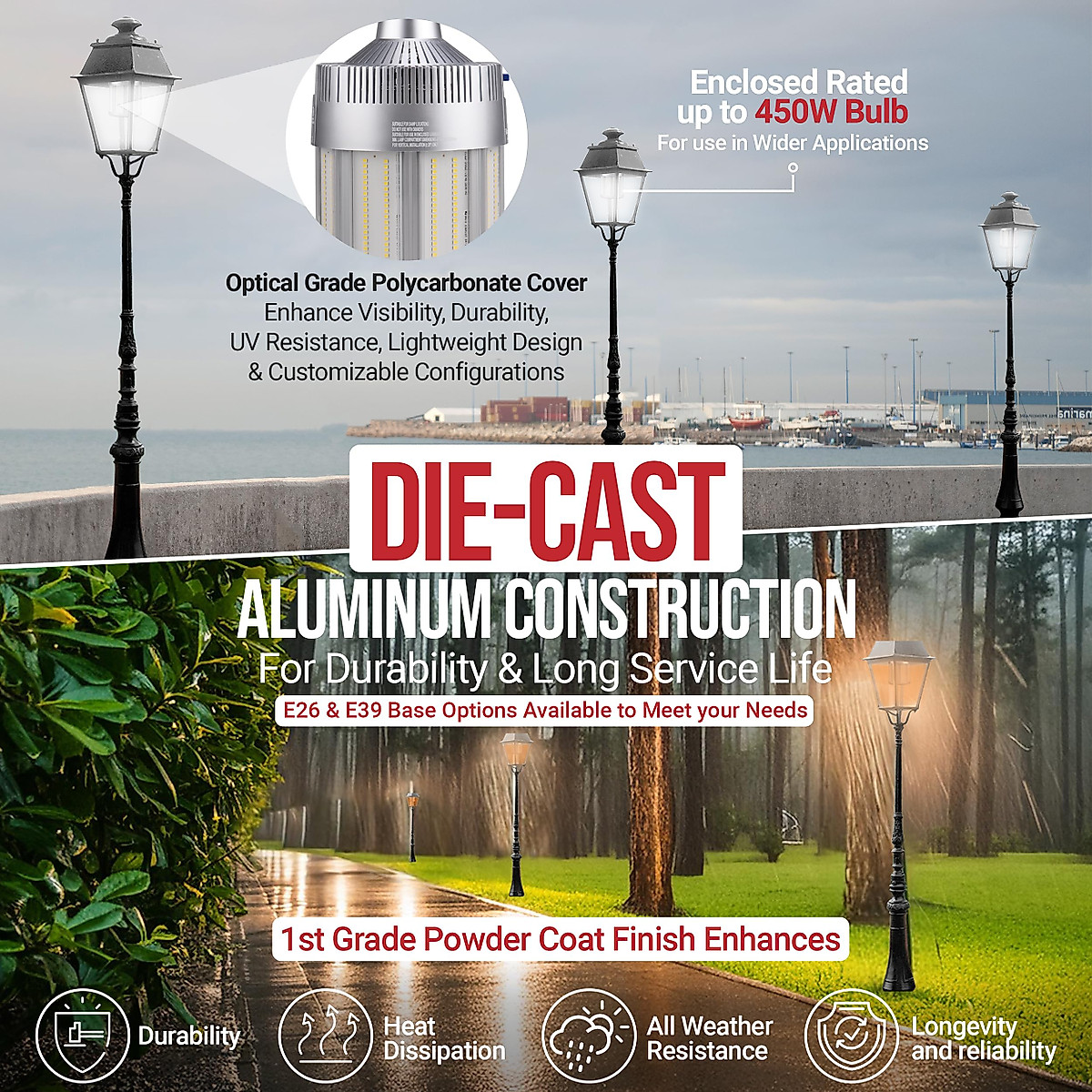 RuggedGrade 100 Watt E39 LED Corn Bulb - Aries III Series - 13,400 Lumens - 4000K - DLC 5.1 - Fanless 6KV Surge