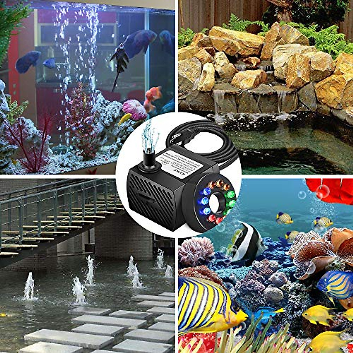 BestFire 90 GPH (350L/H, 5W) Submersible Water Pump, Ultra Quiet Fountain Water Pump with 5.9ft Power Cord, 12 Colorful Leds, 2 Nozzles for Fish Tank, Aquarium(US Plug)