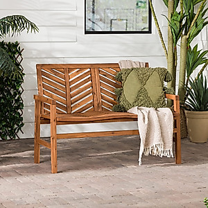 Walker Edison Outdoor Patio Wood Chevron Loveseat Chair All Weather Backyard Conversation Garden Poolside Balcony Couch, 48 Inch, Brown