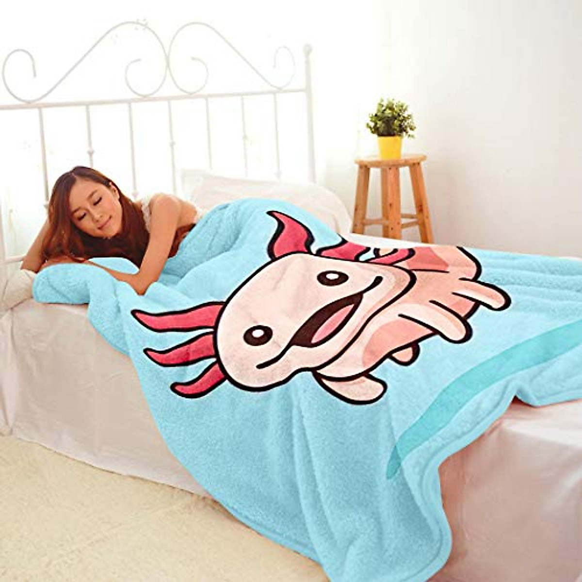 Axolotl Blanket,Plush and Warm Home Soft Cozy Portable Fuzzy Throw Blankets for Couch Bed Sofa,Cute Axolotl (Ambystoma Mexicanum) in Front of A Light Blue,40"x50"