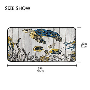 Sea Turtle Bathroom Area Rugs Fish Seahorses Octopus Coral on Wooden Bath Runner Floor Mat Washable Non-Slip Shower Carpet for Kitchen Living Room 39x20 inch