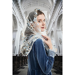 YuRongsxt Lace Infinity Chapel Veil Mantilla Veil Multicolored Embroidered Cherry Blossom Style Latin Mass M7 (Marian Blue+Pale Gold)