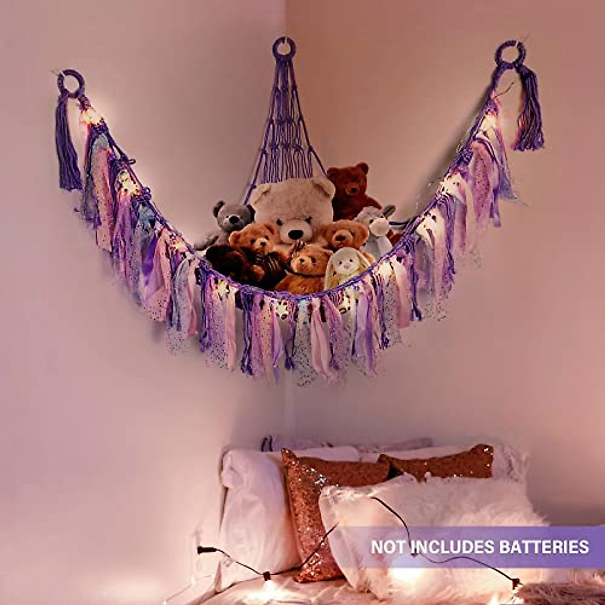 Stuffed Animal Net or Hammock with Light, Hanging Plush Toy Hammock Stuffed Animal Storage Organizer Holder Room Decor with Tassels Hooks for Kids Nursery Playroom Bedroom