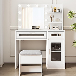 SECRET NATURAL Vanity Mirror with Lights Desk & Stool, Makeup Table Set with Drawers, Vanity Table for Bedroom with Storage Shelves & Acrylic Cabinet, 3 Lighting Modes Adjustable Brightness, White