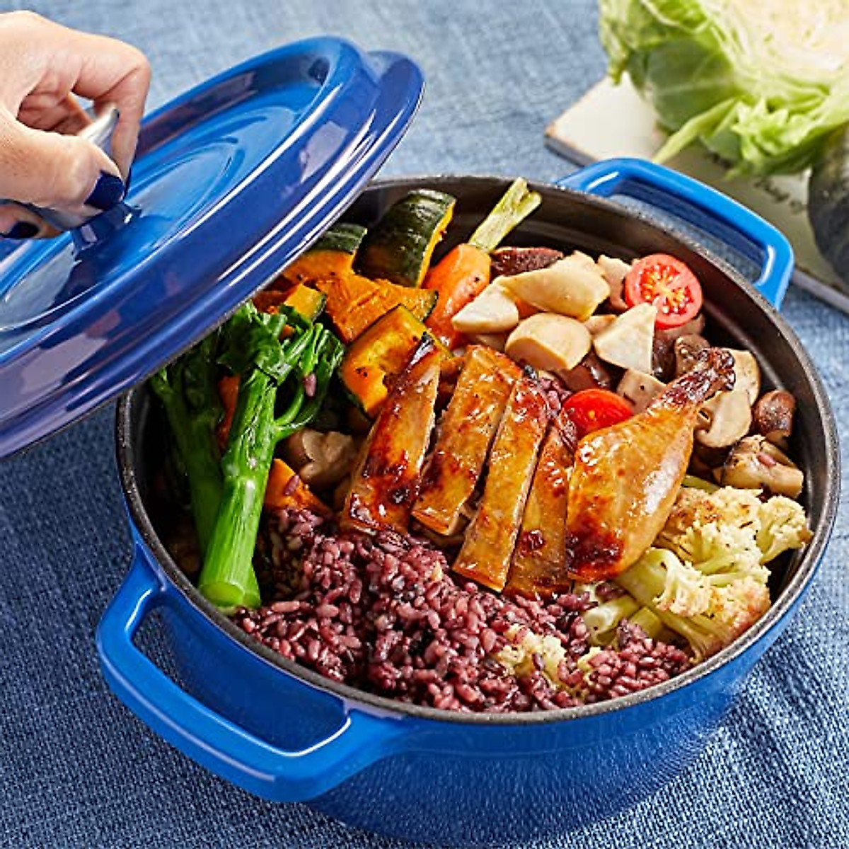 ZQBTC Enamel Cast Iron Covered Dutch Oven Pot with Lid for Bread Baking Use on Gas Electric Oven 4 Quart(Blue, 4-5 People)