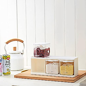 Hedume 2 Pack 3 Grids Clear Seasoning Box with Handle and Spoon, Seasoning Storage Container Rack Combo Set with Removable Cruet Jars for Spice Salt Sugar