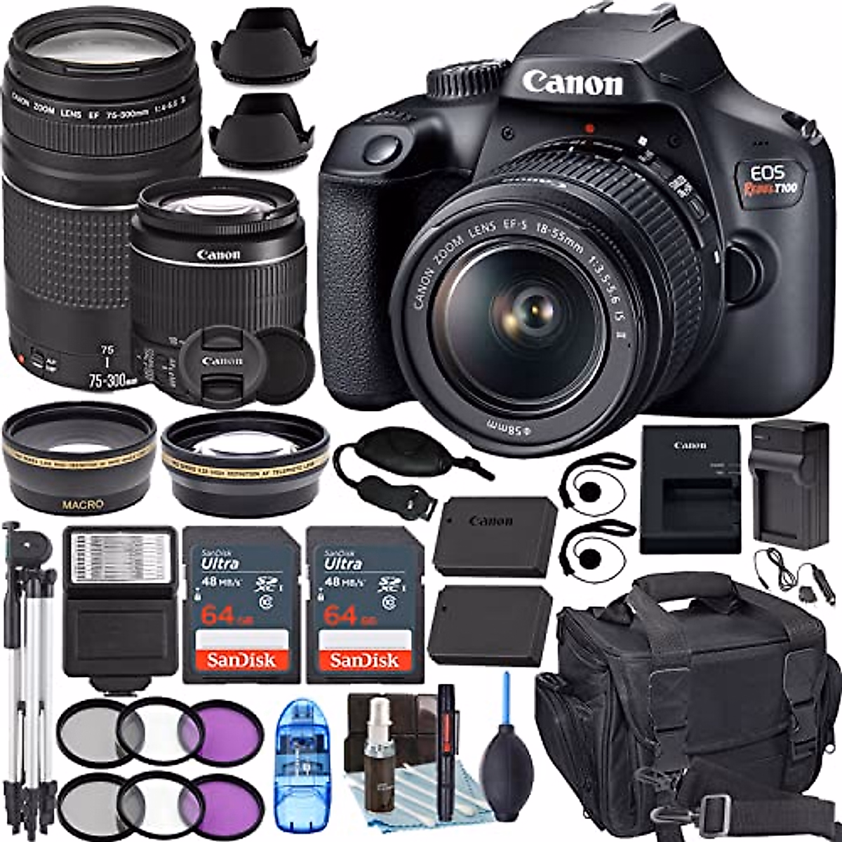 Camera Bundle for Canon EOS Rebel T100 with EF-S 18-55 mm f/3.5-5.6 is II and EF 75-300mm f/4-5.6 III Lens + Accessories Bundle (128GB, 50in Tripod, Extra Battery, and More)