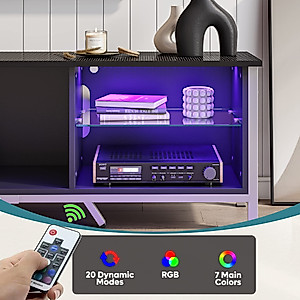 Bestier TV Stand with LED Light for 75 inch TV, Modern Gaming Entertainment Center with Detachable Glass Shelves for PS5 Black Carbon Fiber