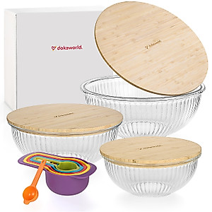 dokaworld Stackable Space-Saving Nesting Set of 3 Glass Bowls with Bamboo Lids for Foodprep, Storage, Mixing & Cooking - Microwave & Oven Safe BPA Free Durable Heat Resistant Inert Borosilicate Glass